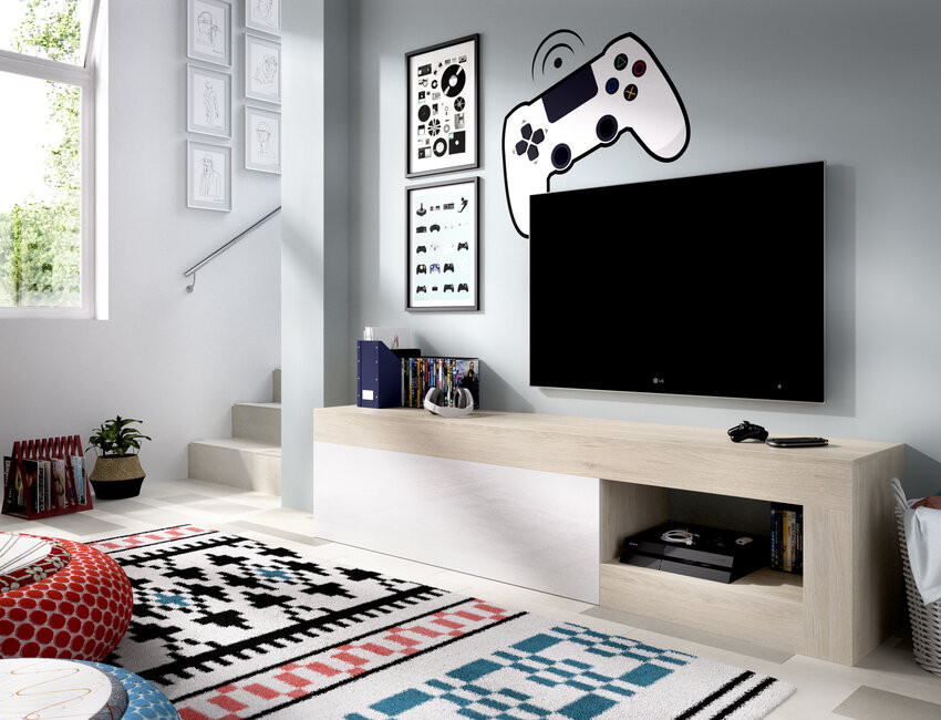 TV stand 204x42x48 cm glossy white and natural oak Merida Abitare
