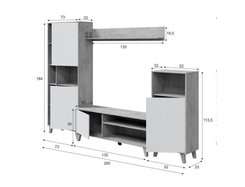 TV wall unit 260 cm matt white and concrete - Tours - Abitare