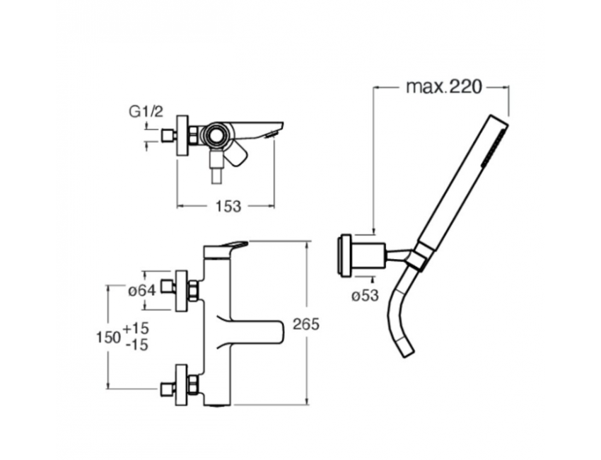 Wall-mounted external single-lever bath mixer with two-way - Elevation ...